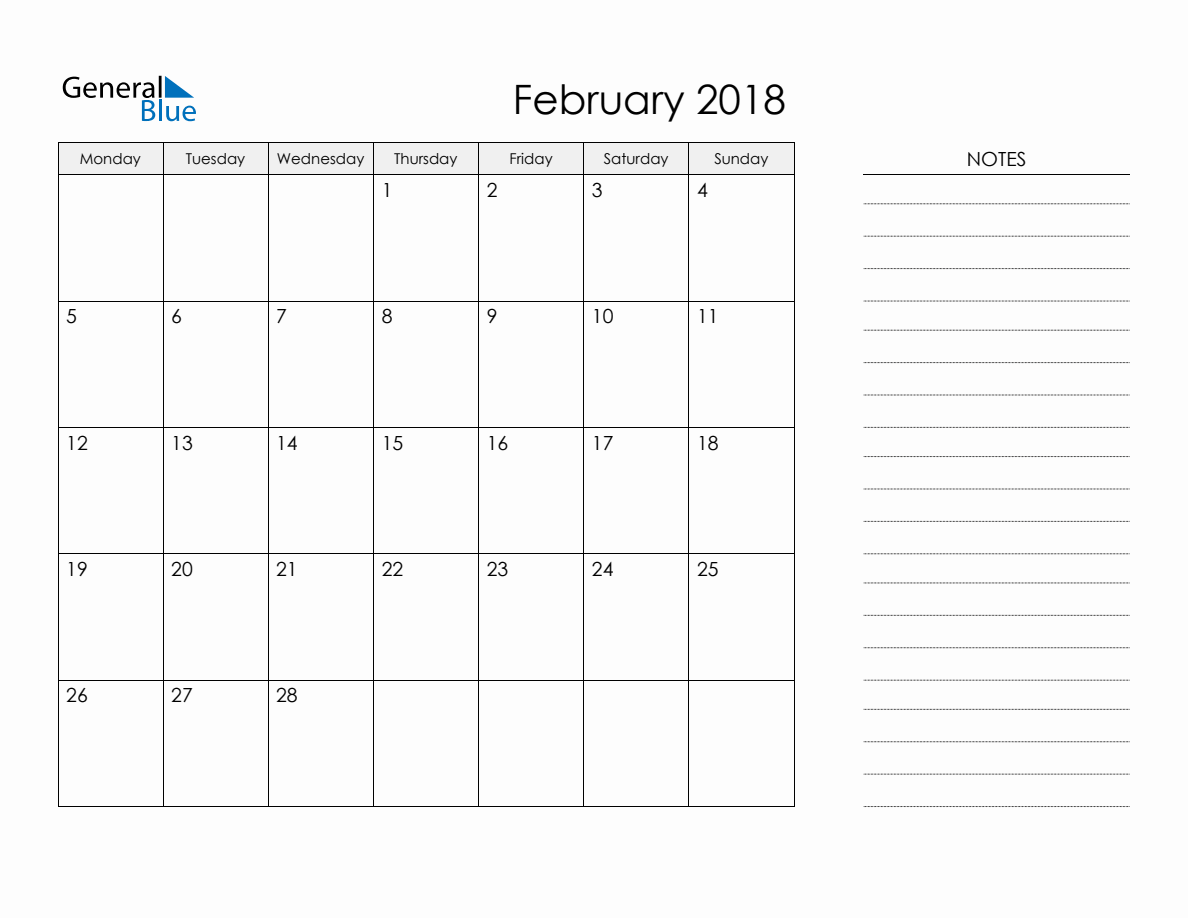 Printable Monthly Calendar with Notes - February 2018 - Monday Start