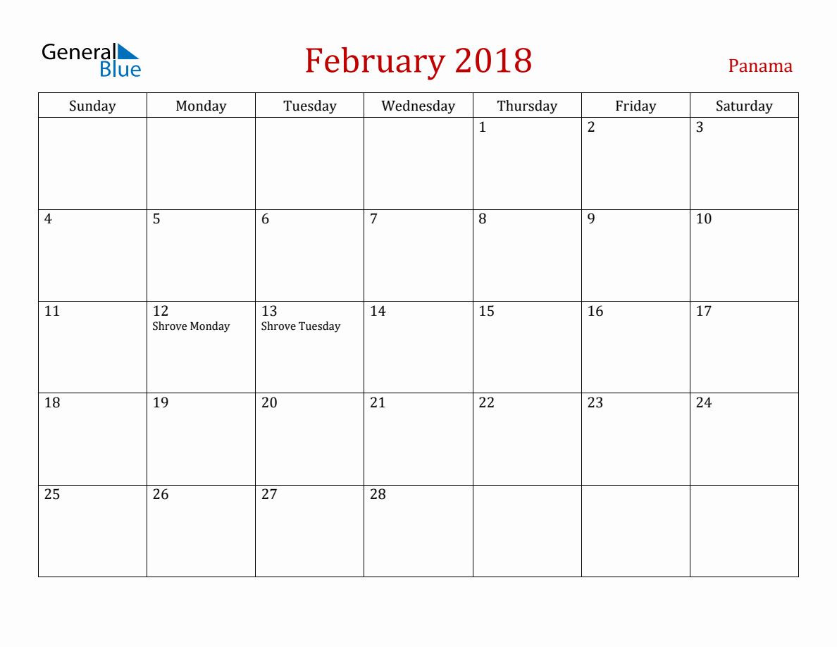February 2018 Panama Monthly Calendar with Holidays