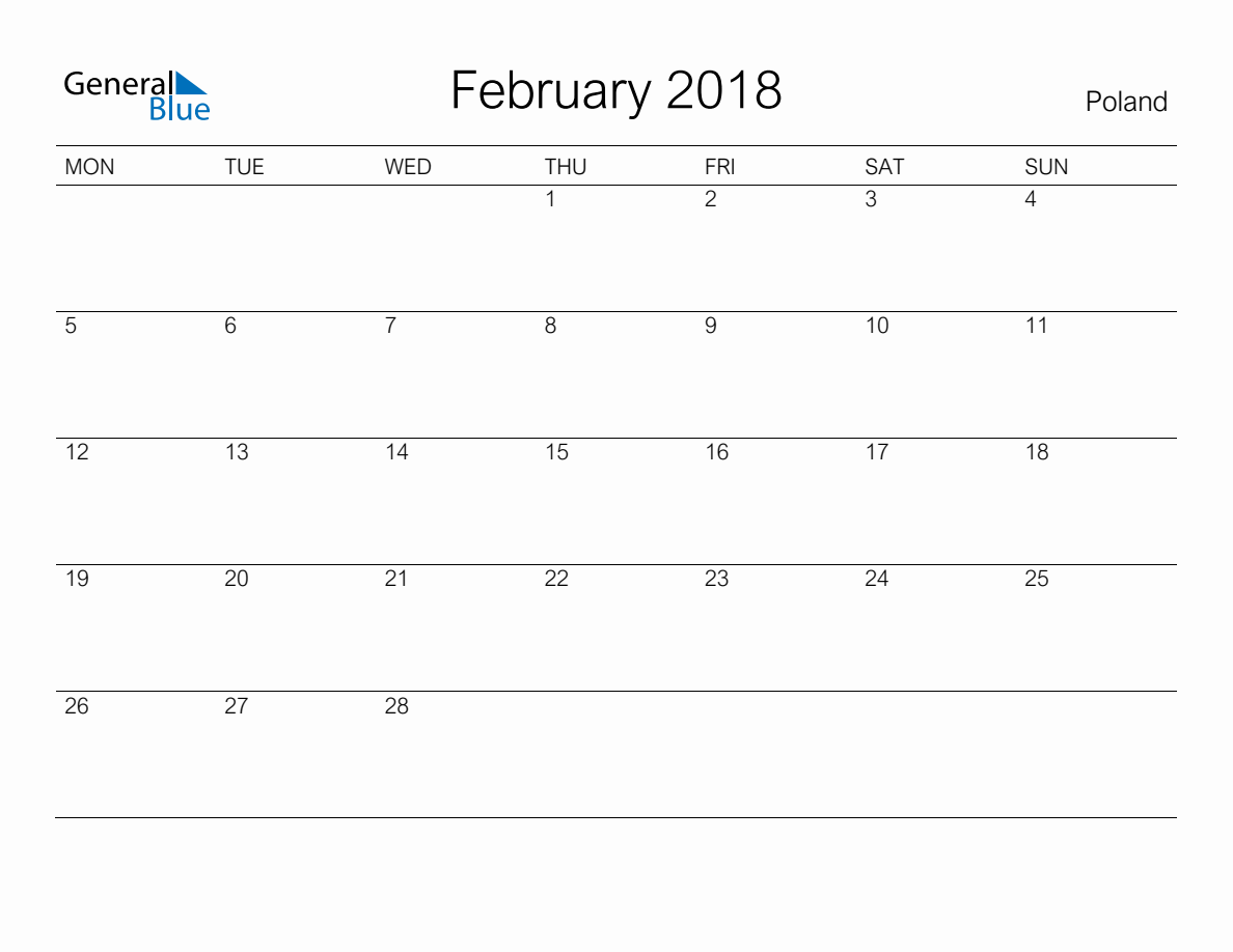 Printable February 2018 Monthly Calendar with Holidays for Poland