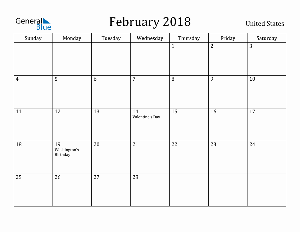 February 2018 Monthly Calendar with United States Holidays