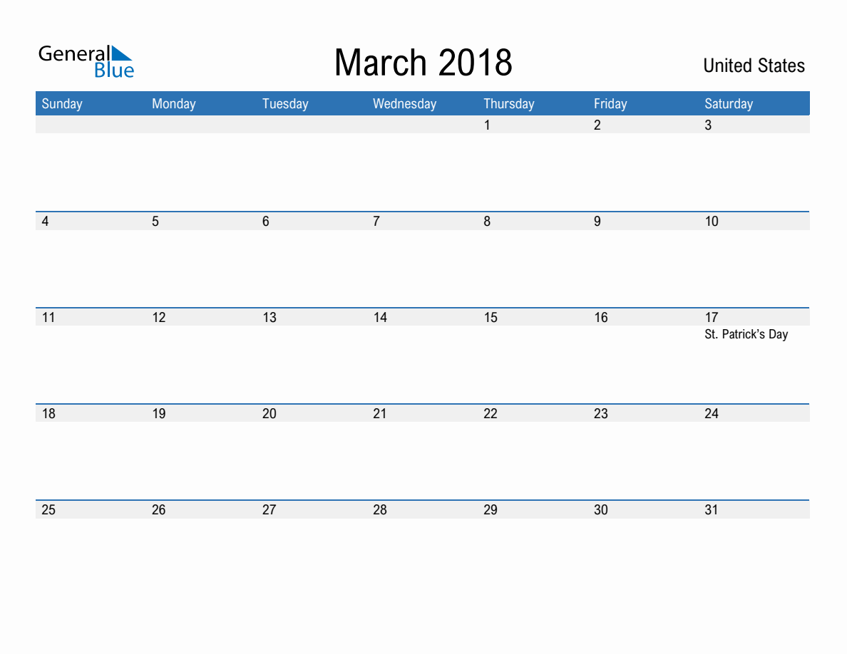 March 2018 Monthly Calendars with United States Holidays