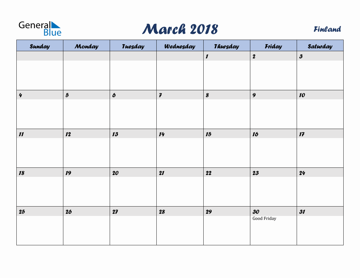 March 2018 Monthly Calendar Template with Holidays for Finland