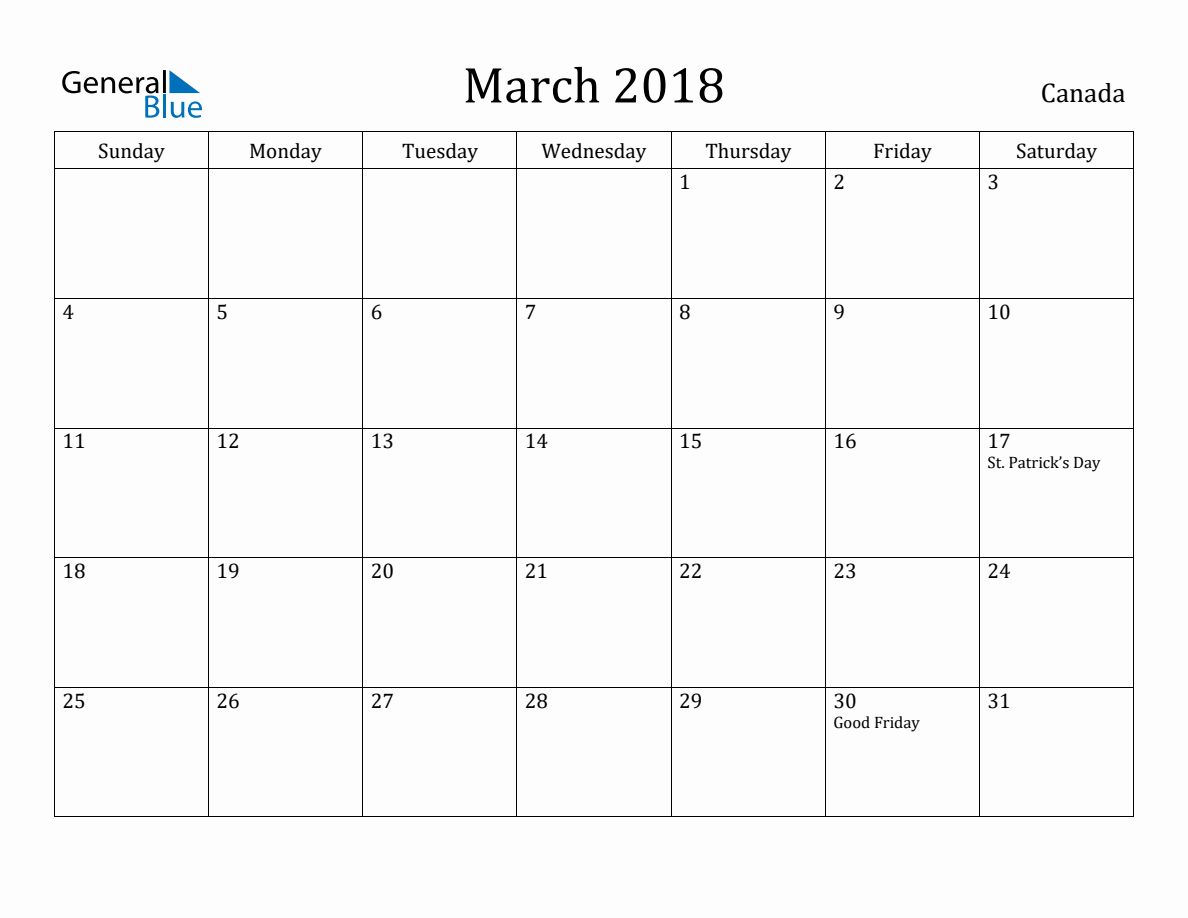 March 2018 Monthly Calendar with Canada Holidays