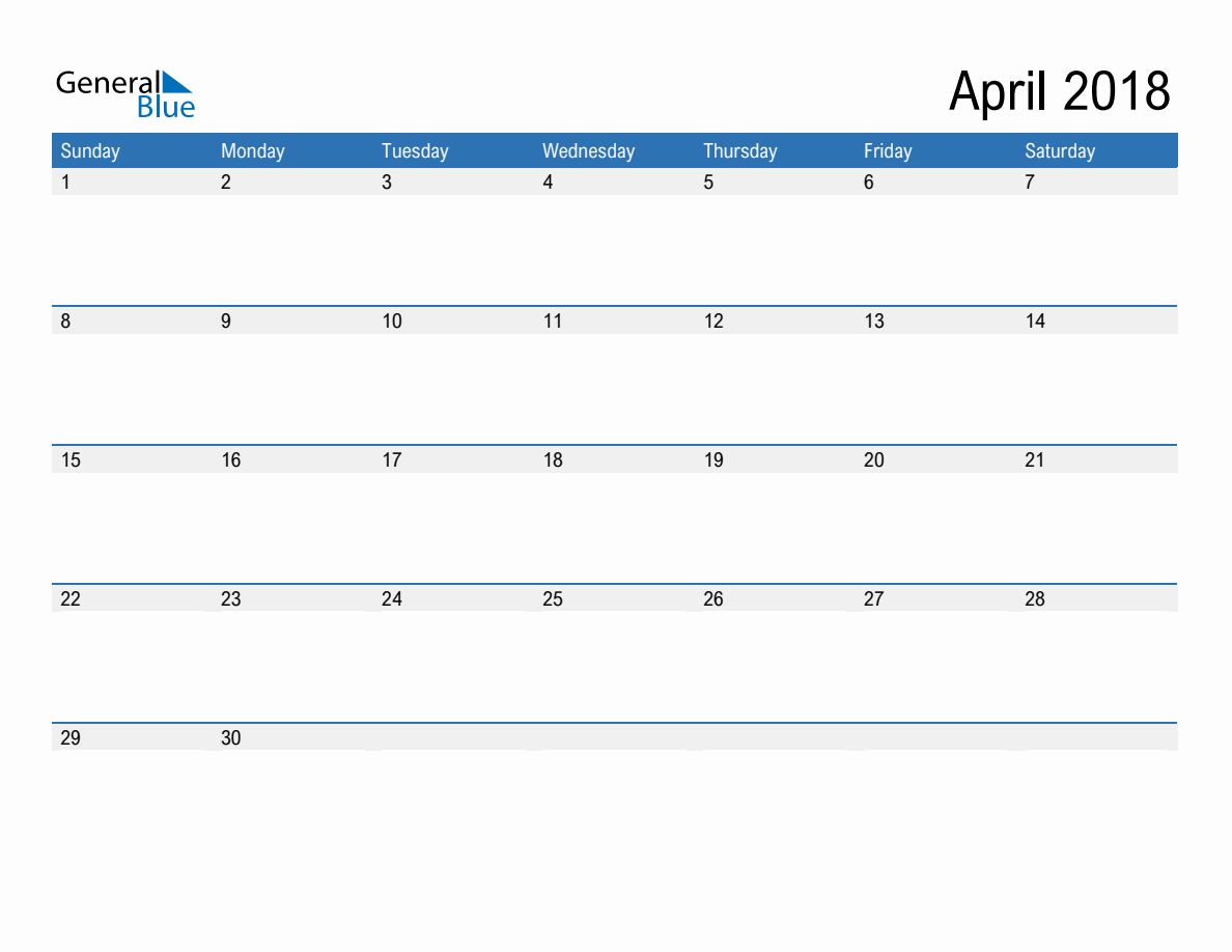 April 2018 Monthly Calendar (PDF, Word, Excel)