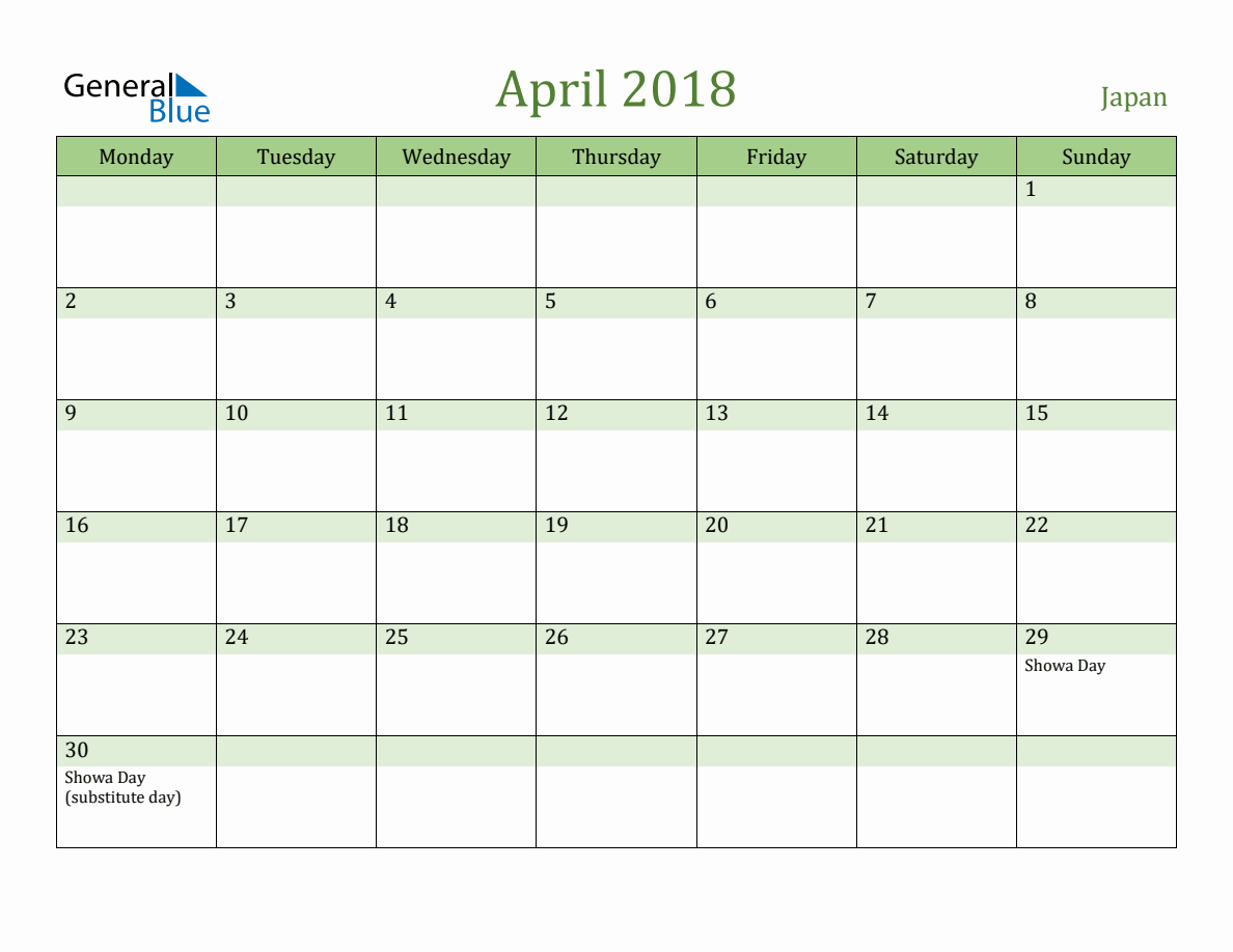Fillable Holiday Calendar for Japan - April 2018