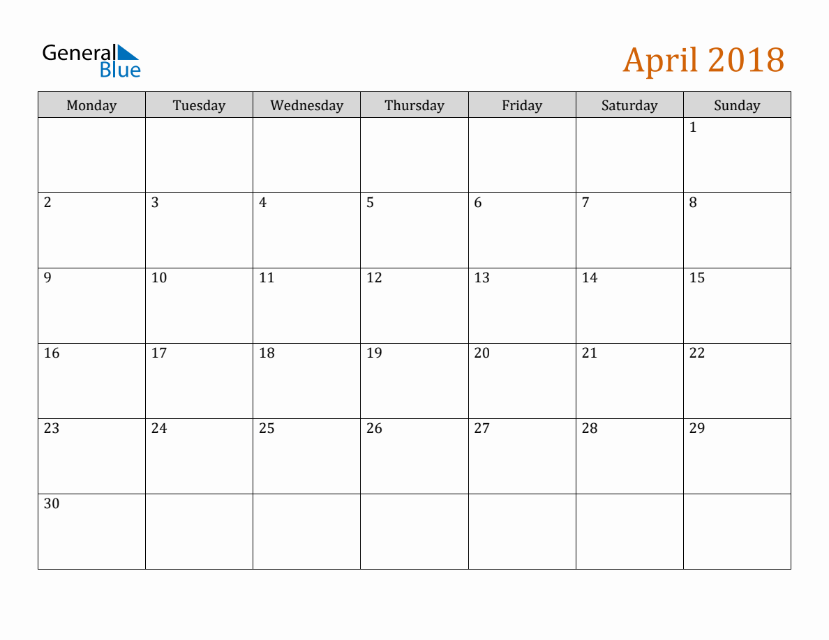 April 2018 Generic Monthly Calendar - Monday Start