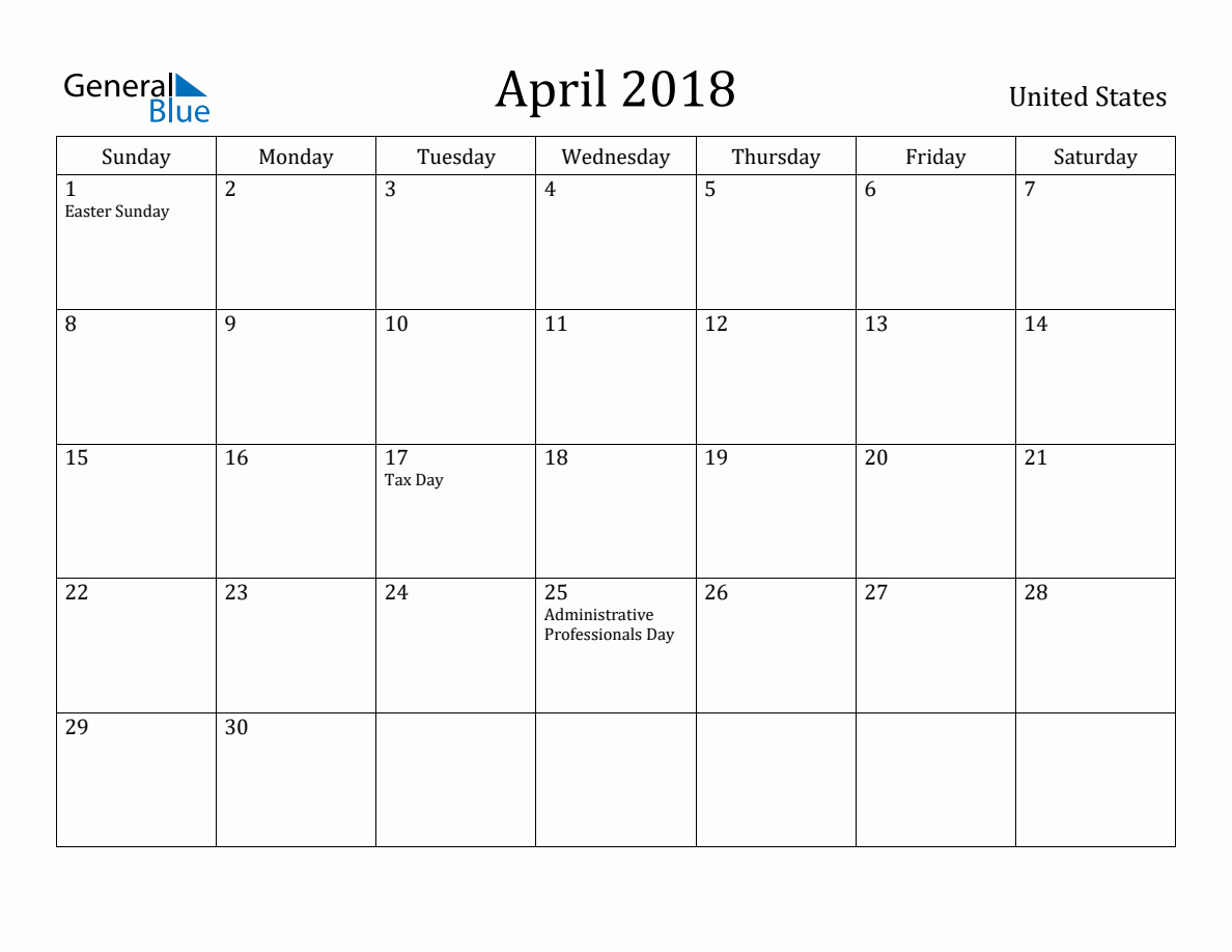 April 2018 Monthly Calendar with United States Holidays