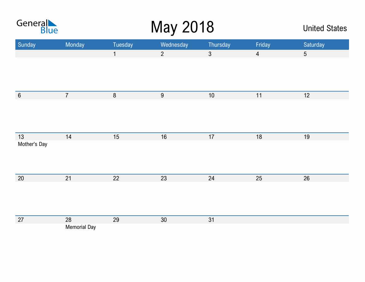 Editable May 2018 Calendar with United States Holidays