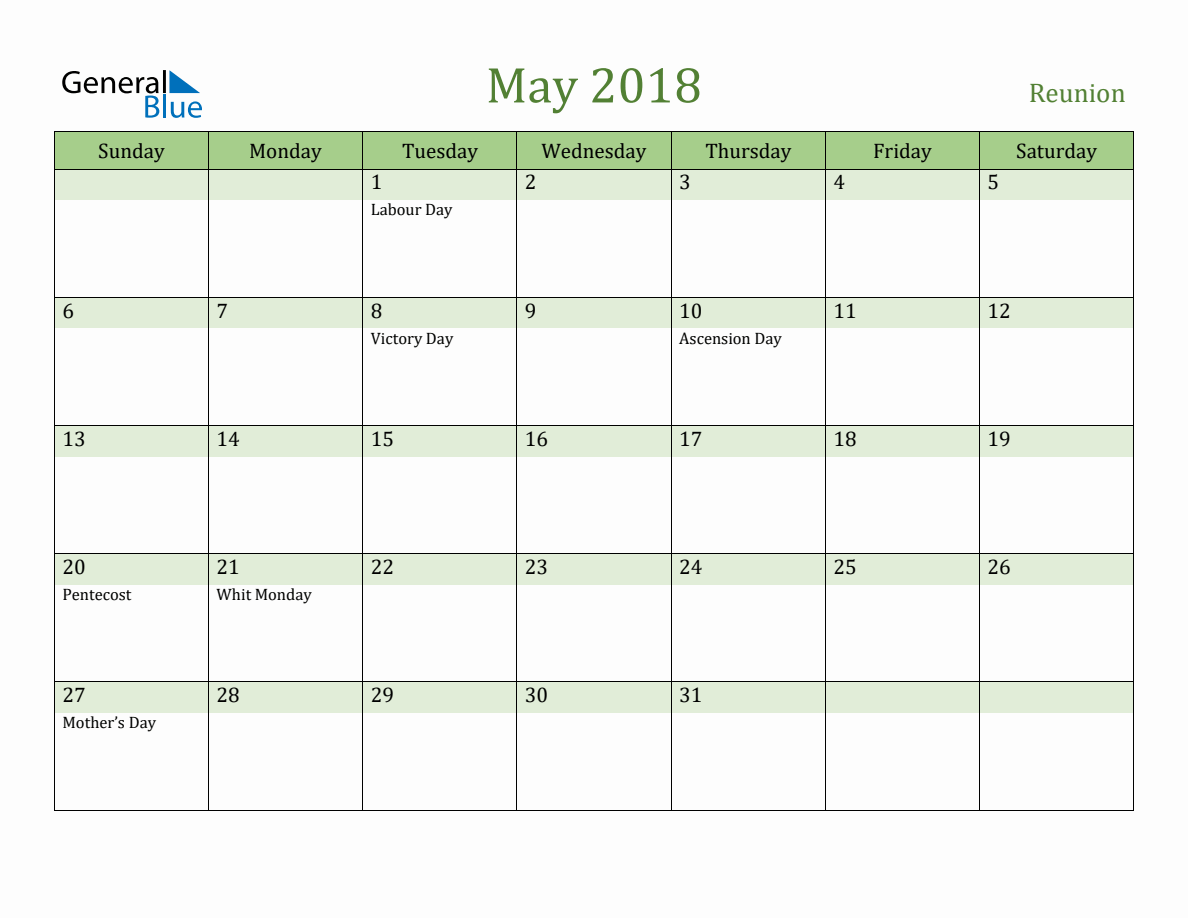 Fillable Holiday Calendar for Reunion - May 2018