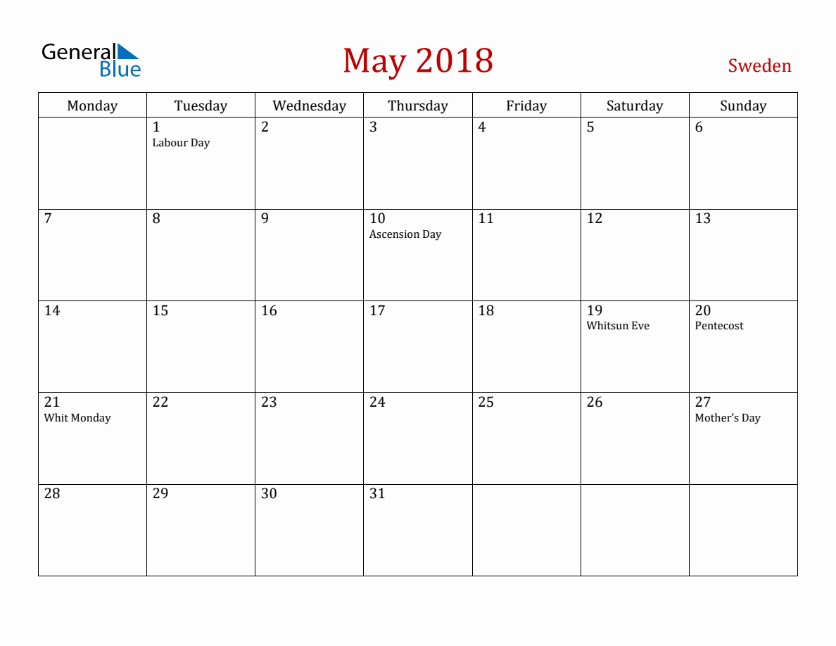 May 2018 Sweden Monthly Calendar with Holidays (Monday Start)