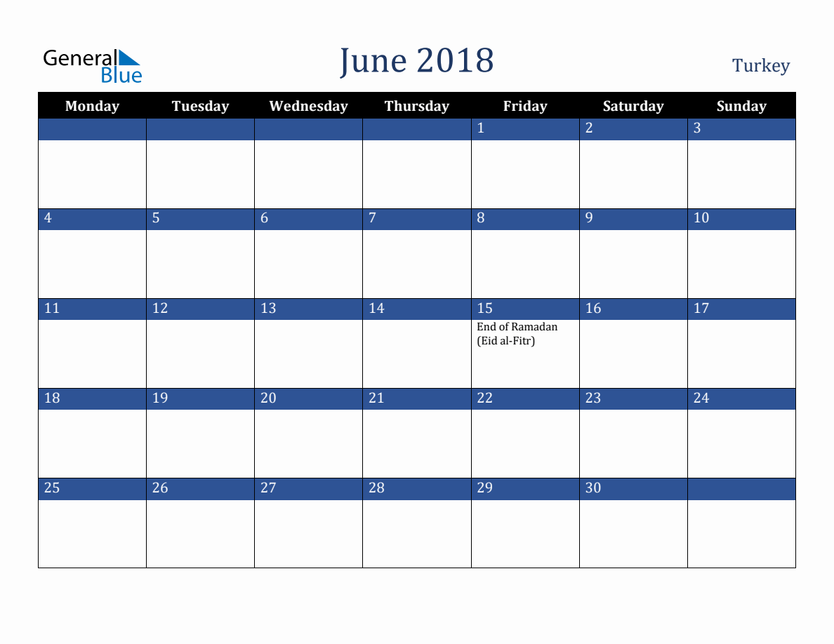 June 2018 Turkey Holiday Calendar (Monday Start)