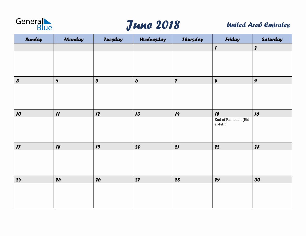 June 2018 Monthly Calendar Template with Holidays for United Arab Emirates