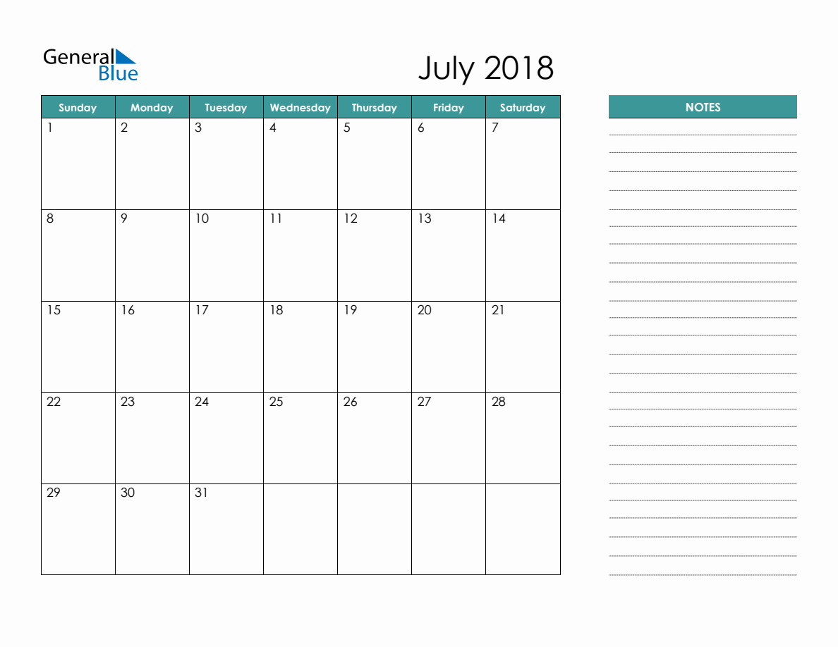 July 2018 Calendar Planner with Notes