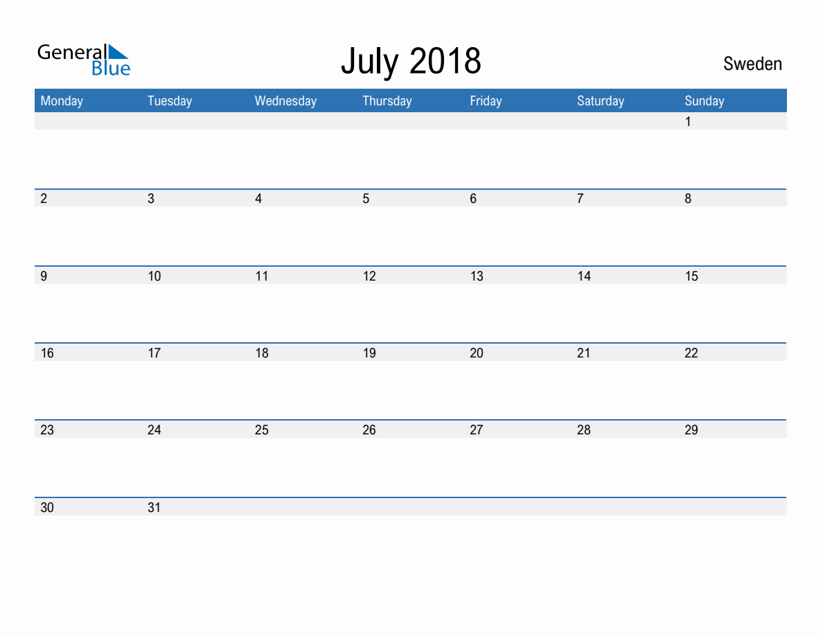 Editable July 2018 Calendar with Sweden Holidays