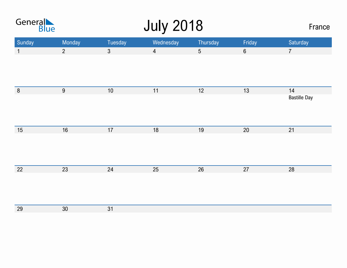 Editable July 2018 Calendar with France Holidays