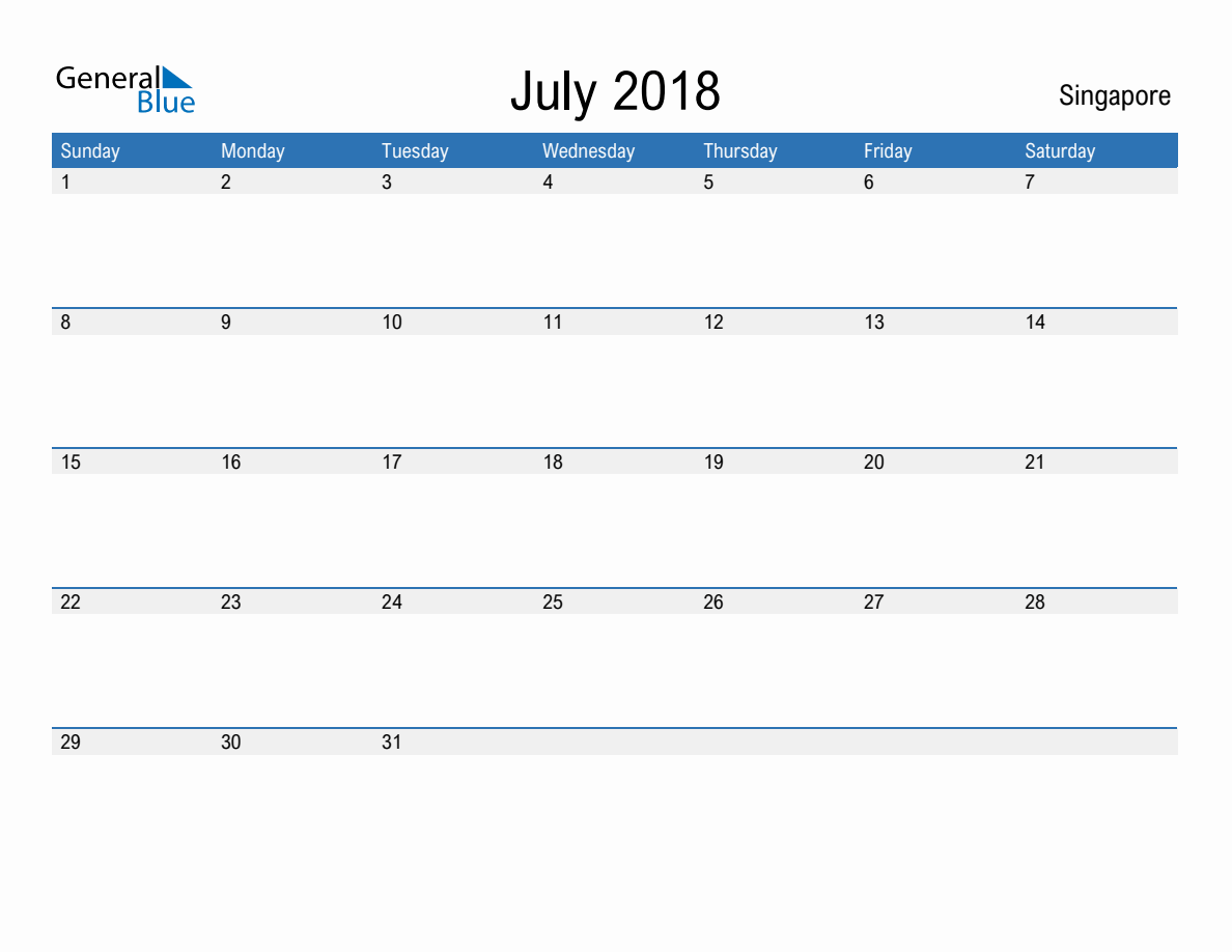 Editable July 2018 Calendar with Singapore Holidays