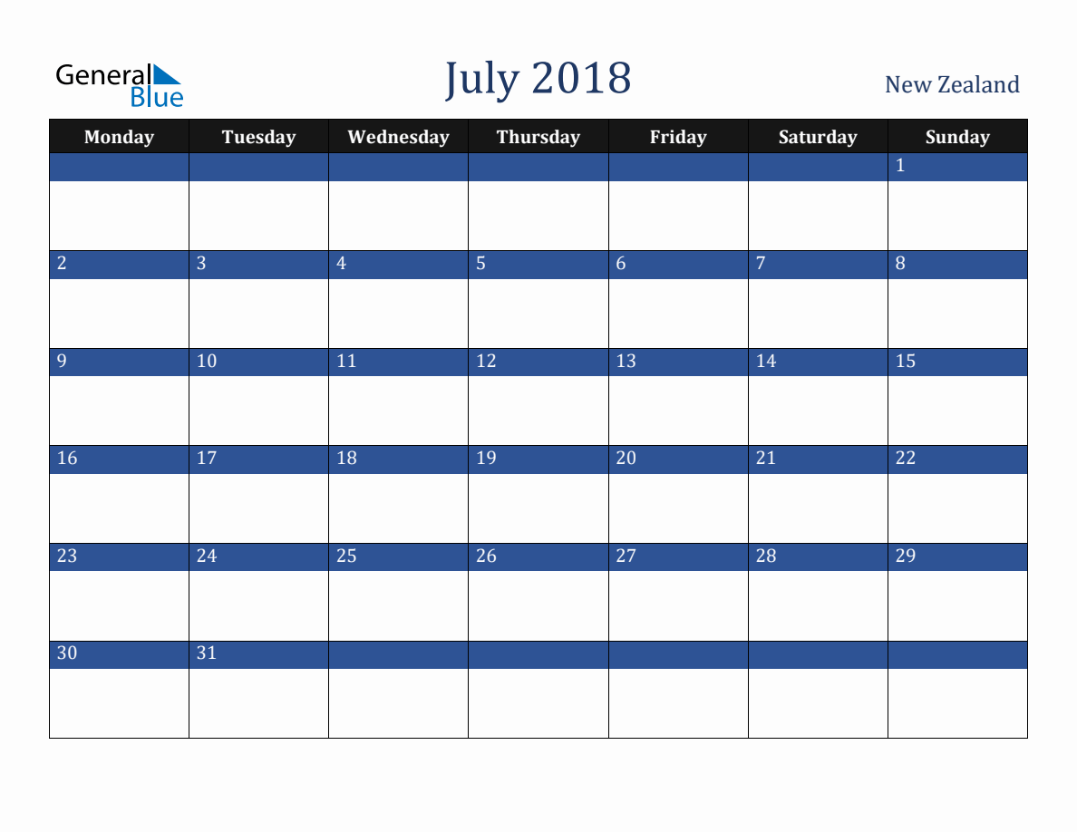 July 2018 New Zealand Holiday Calendar (Monday Start)