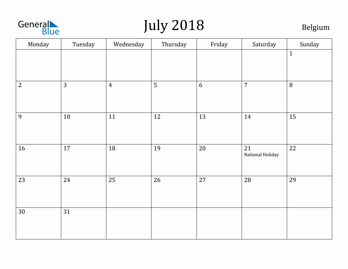 Belgium Monthly Calendar - July 2018 (Monday Start)