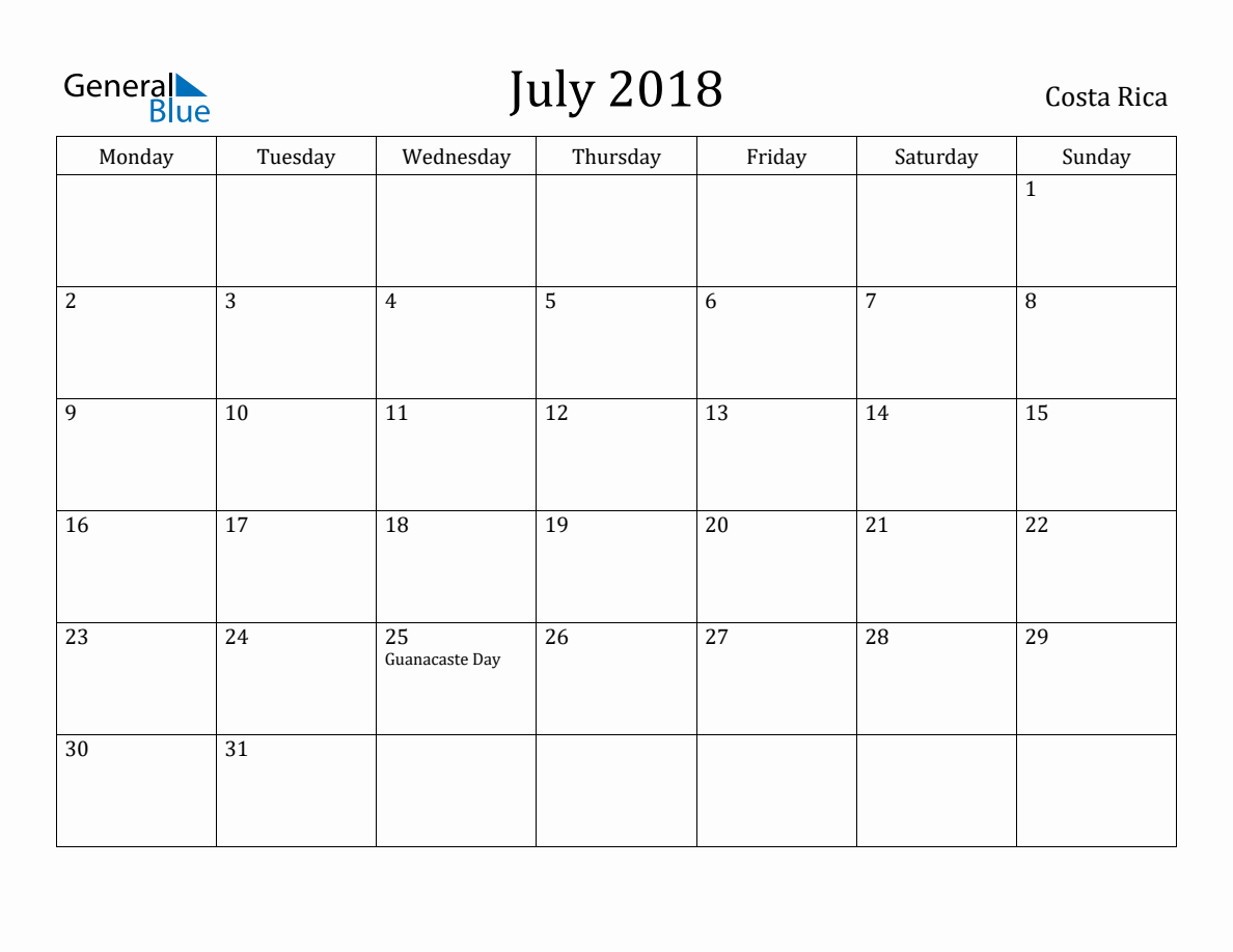 Costa Rica Monthly Calendar - July 2018 (Monday Start)