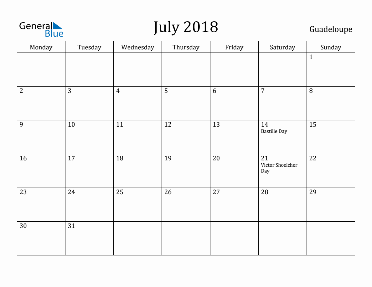 Guadeloupe Monthly Calendar - July 2018 (Monday Start)