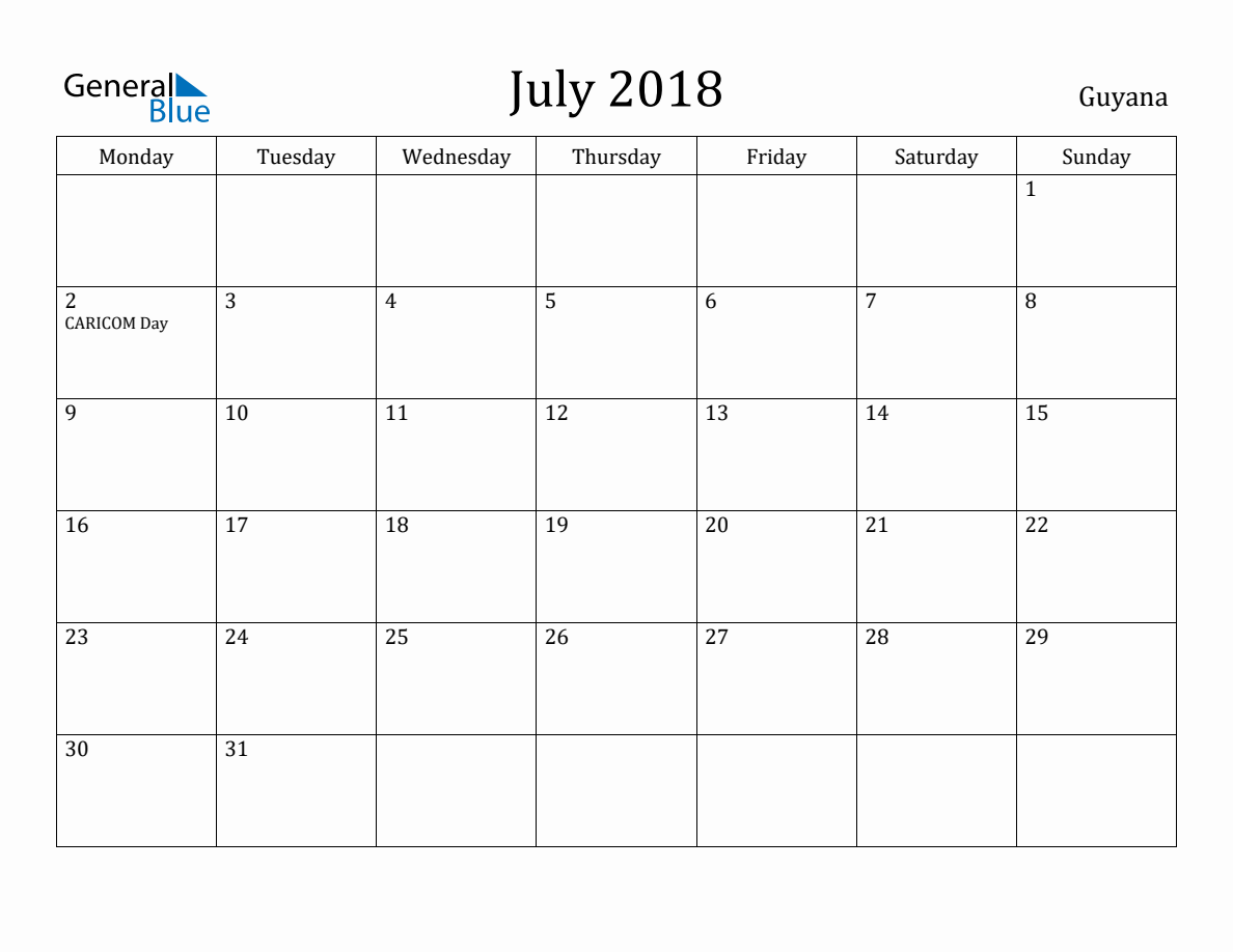 Guyana Monthly Calendar - July 2018 (Monday Start)