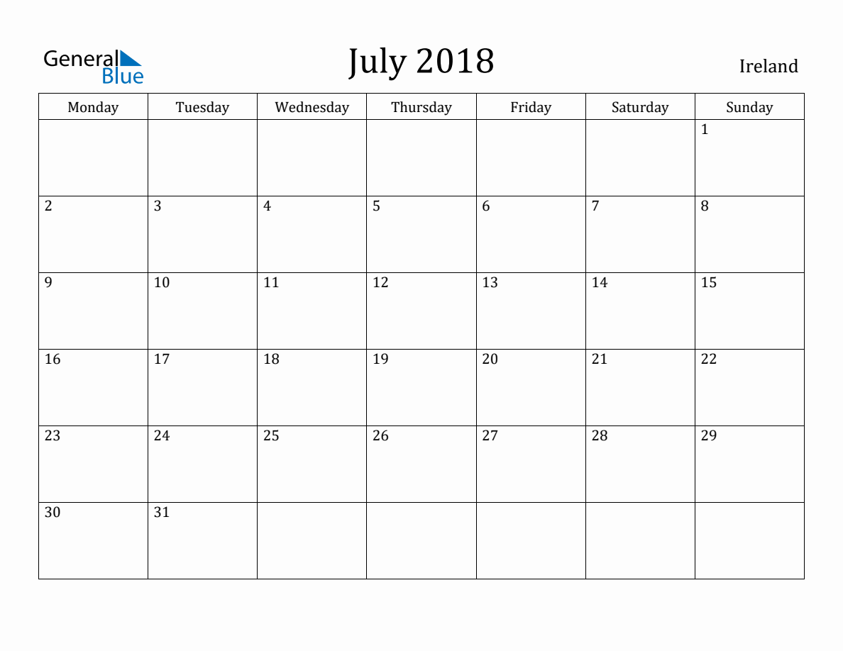 Ireland Monthly Calendar - July 2018 (Monday Start)