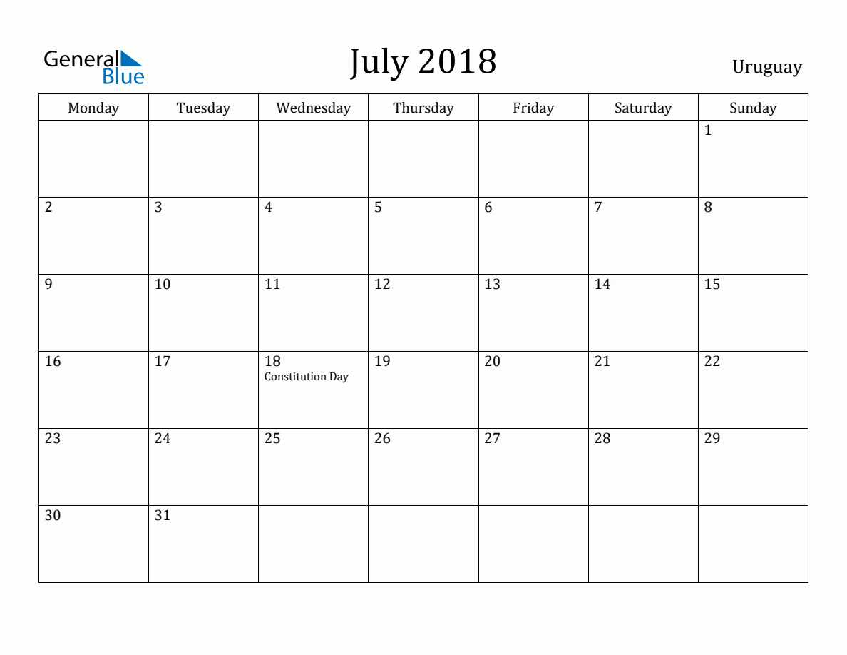 Uruguay Monthly Calendar - July 2018 (Monday Start)