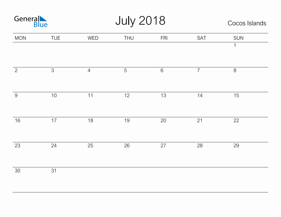 Printable July 2018 Monthly Calendar with Holidays for Cocos Islands ...