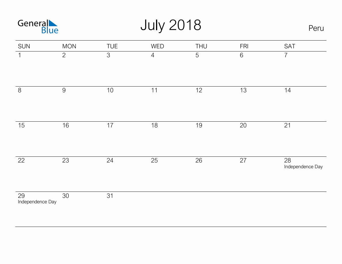 Printable July 2018 Monthly Calendar with Holidays for Peru