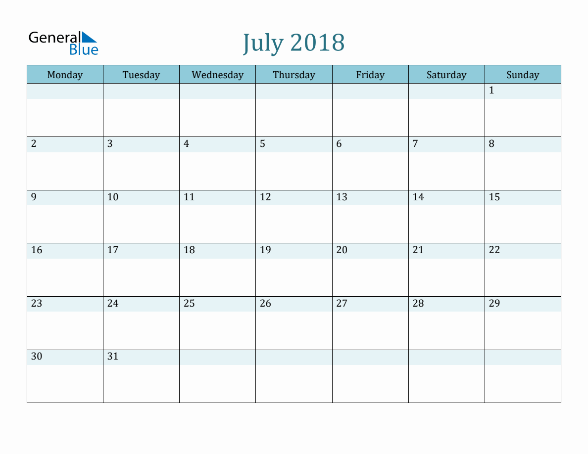 July 2018 Monthly Calendar Template - Monday Start