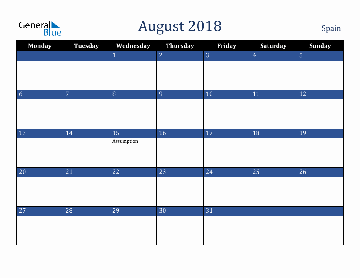 August 2018 Spain Holiday Calendar