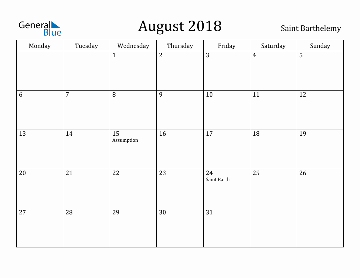 Saint Barthelemy Monthly Calendar - August 2018 (Monday Start)