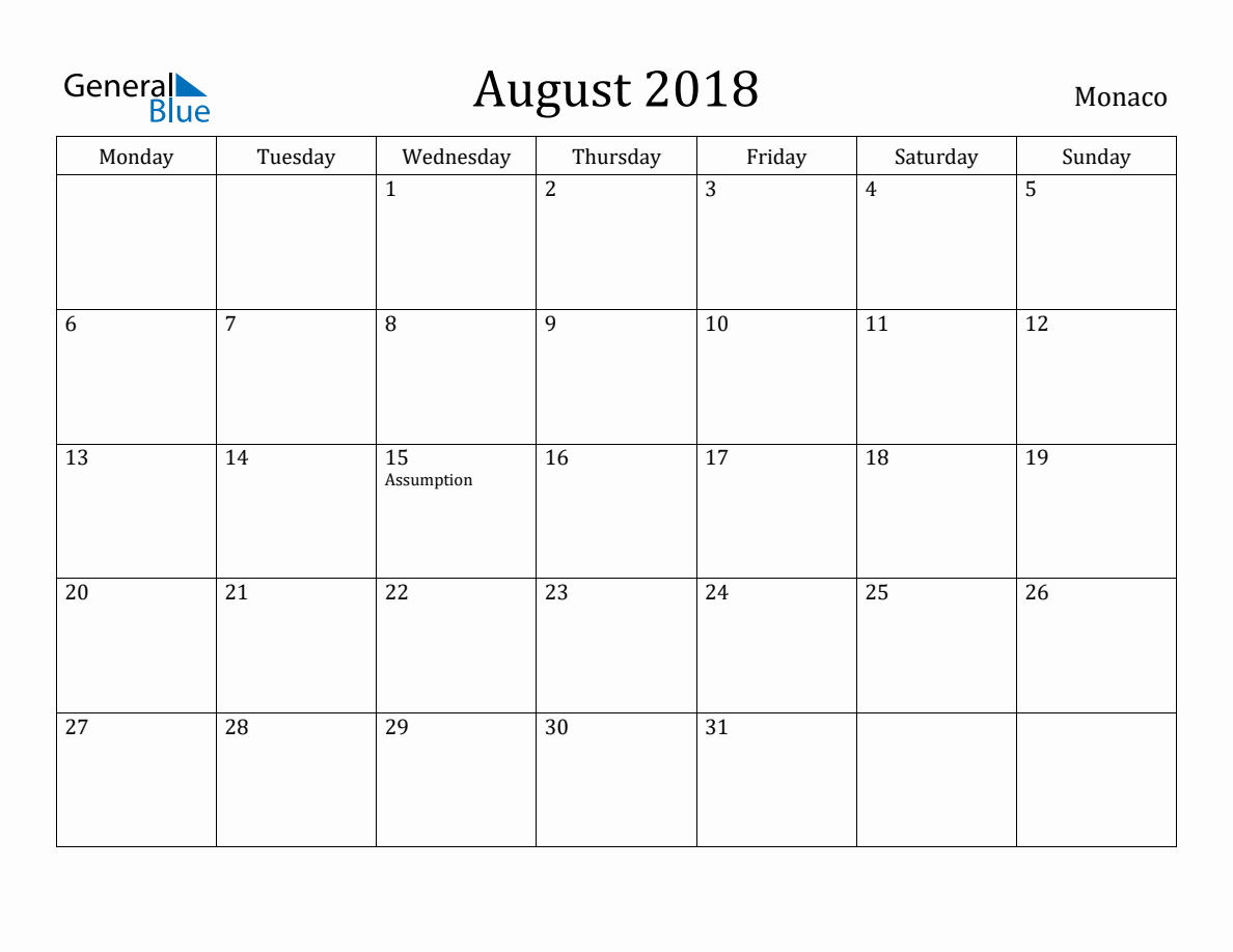 Monaco Monthly Calendar - August 2018 (Monday Start)
