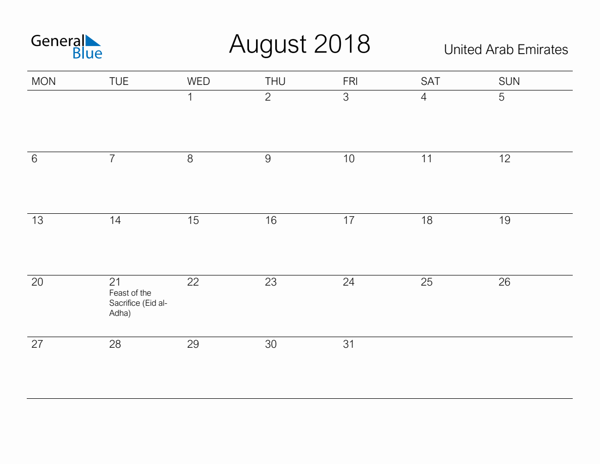 Printable August 2018 Monthly Calendar with Holidays for United Arab ...