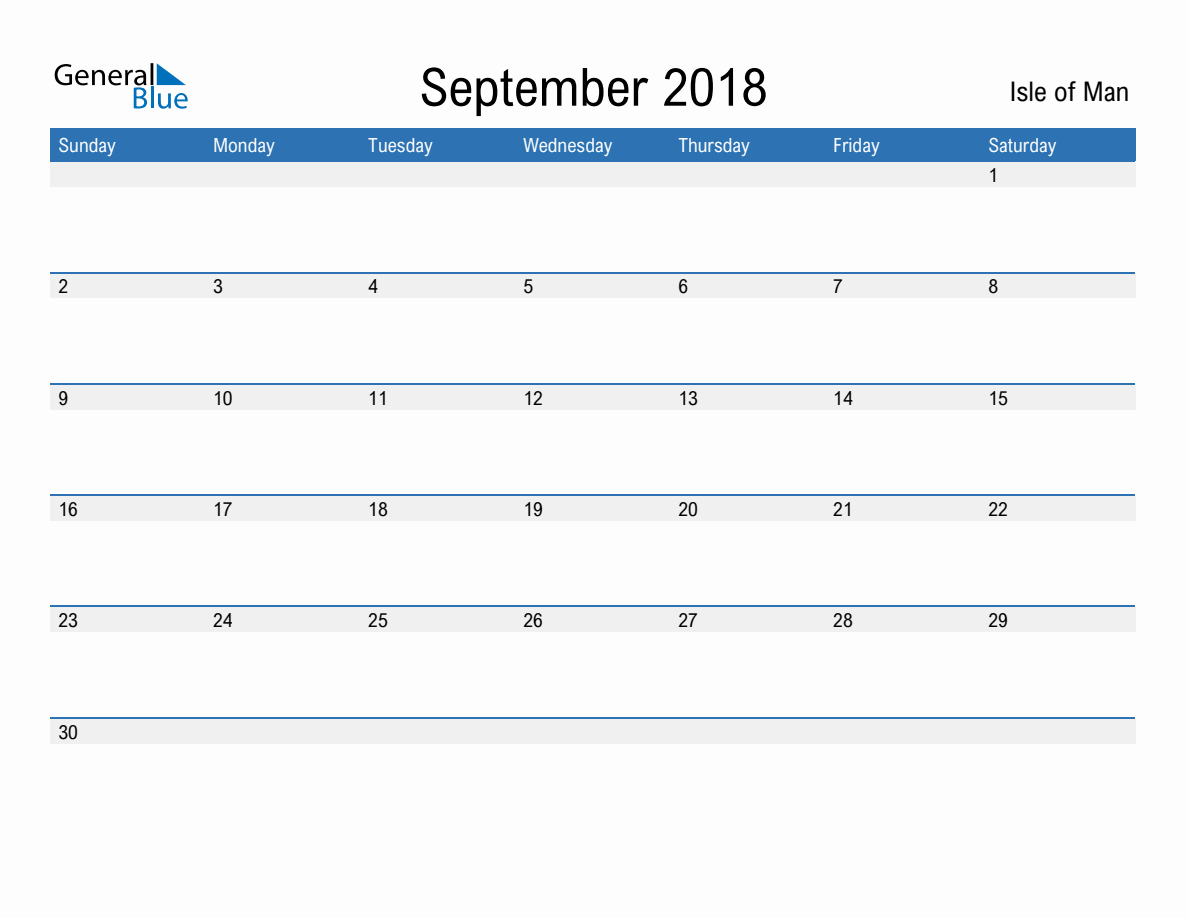 September 2018 Monthly Calendars with Isle of Man Holidays