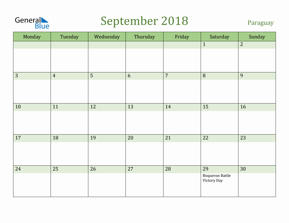 Fillable Holiday Calendar for Paraguay - September 2018