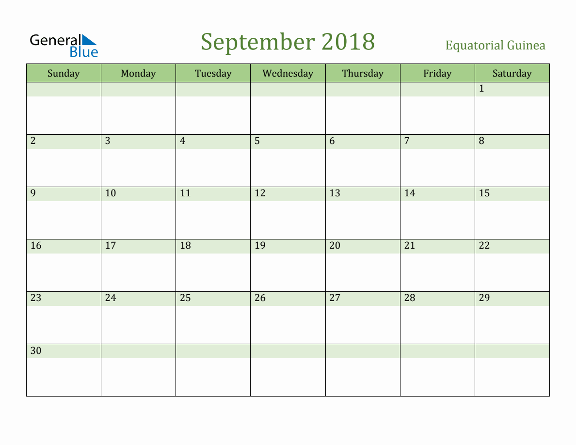 Fillable Holiday Calendar for Equatorial Guinea - September 2018