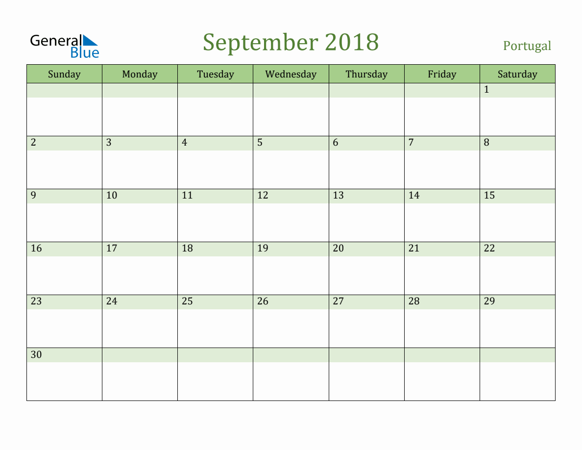 Fillable Holiday Calendar for Portugal - September 2018