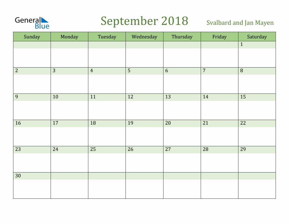 Fillable Holiday Calendar for Svalbard and Jan Mayen - September 2018