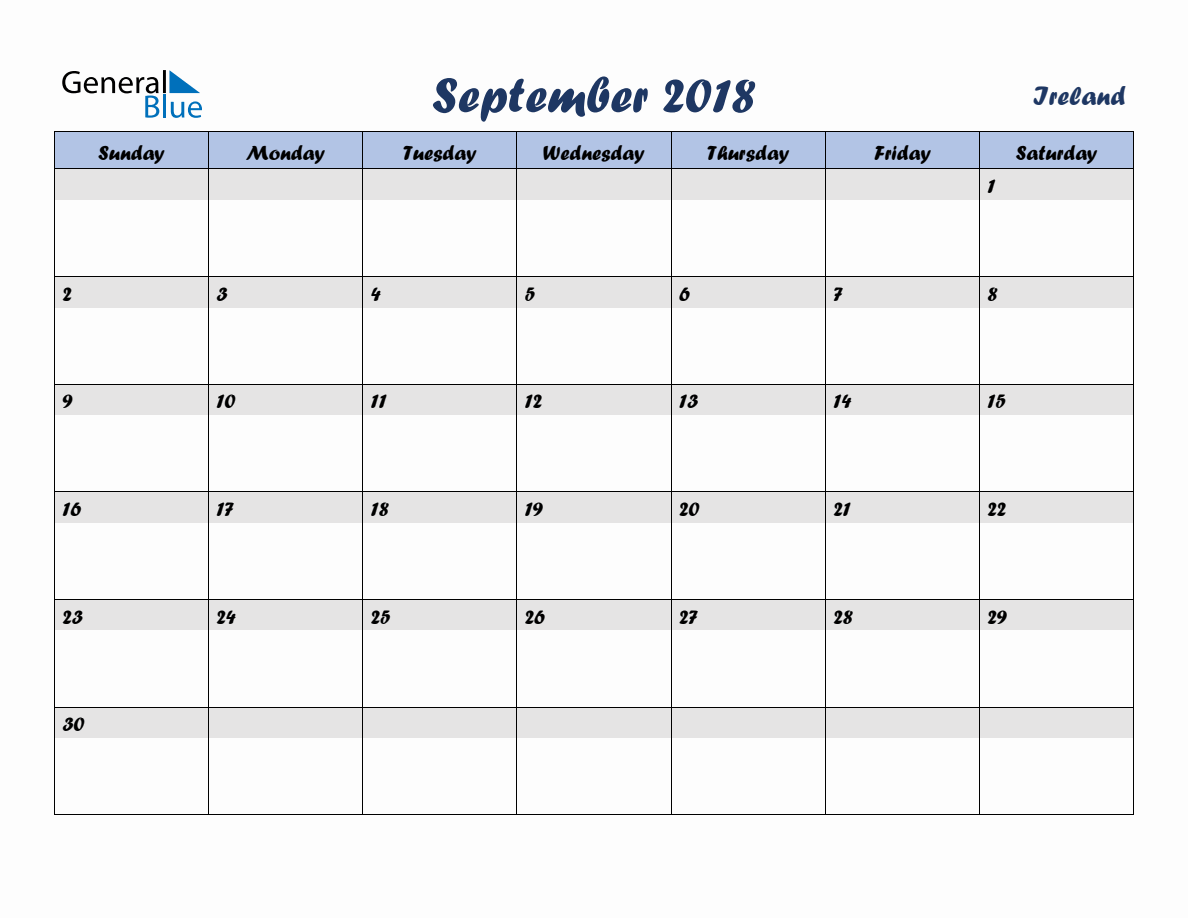 September 2018 Monthly Calendar Template with Holidays for Ireland