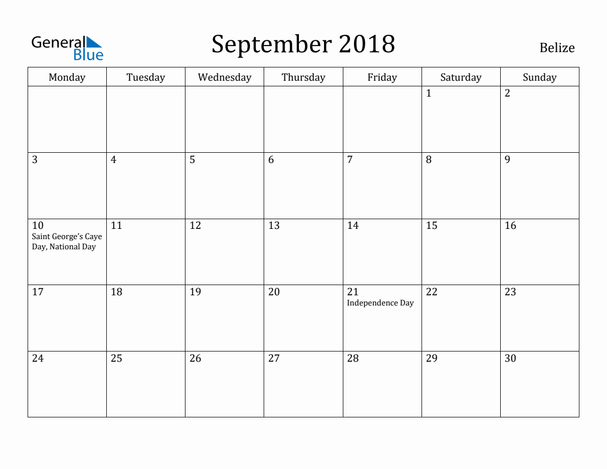 September 2018 Monthly Calendar with Belize Holidays
