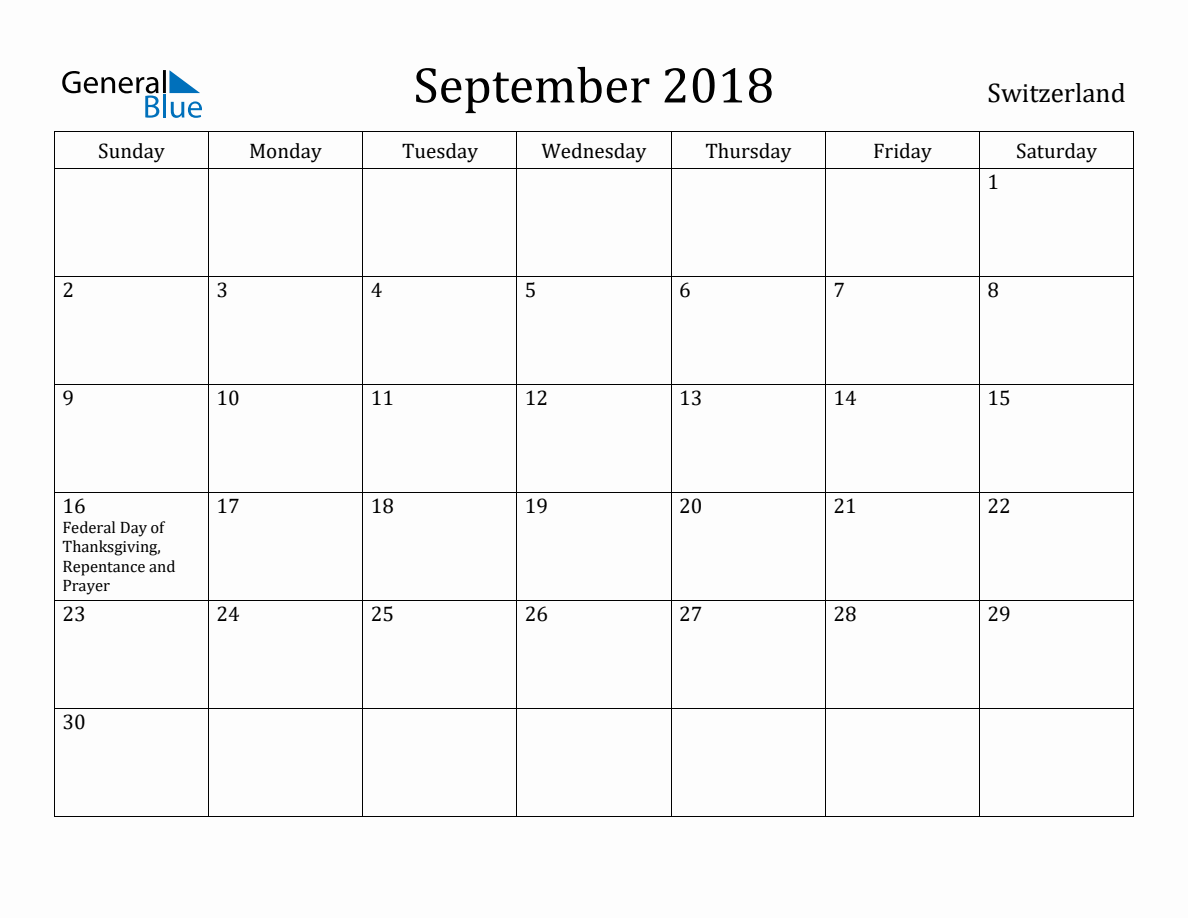 September 2018 Monthly Calendar with Switzerland Holidays