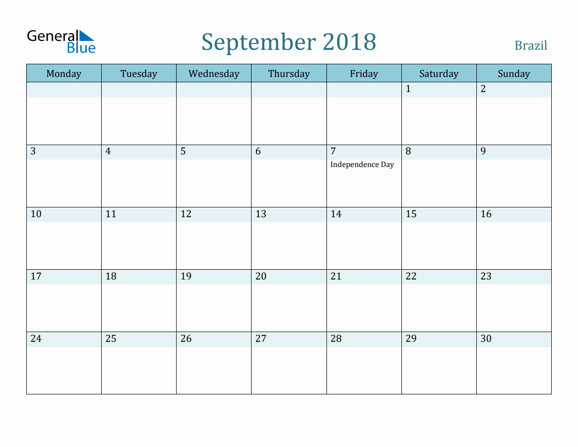 Brazil Holiday Calendar for September 2018
