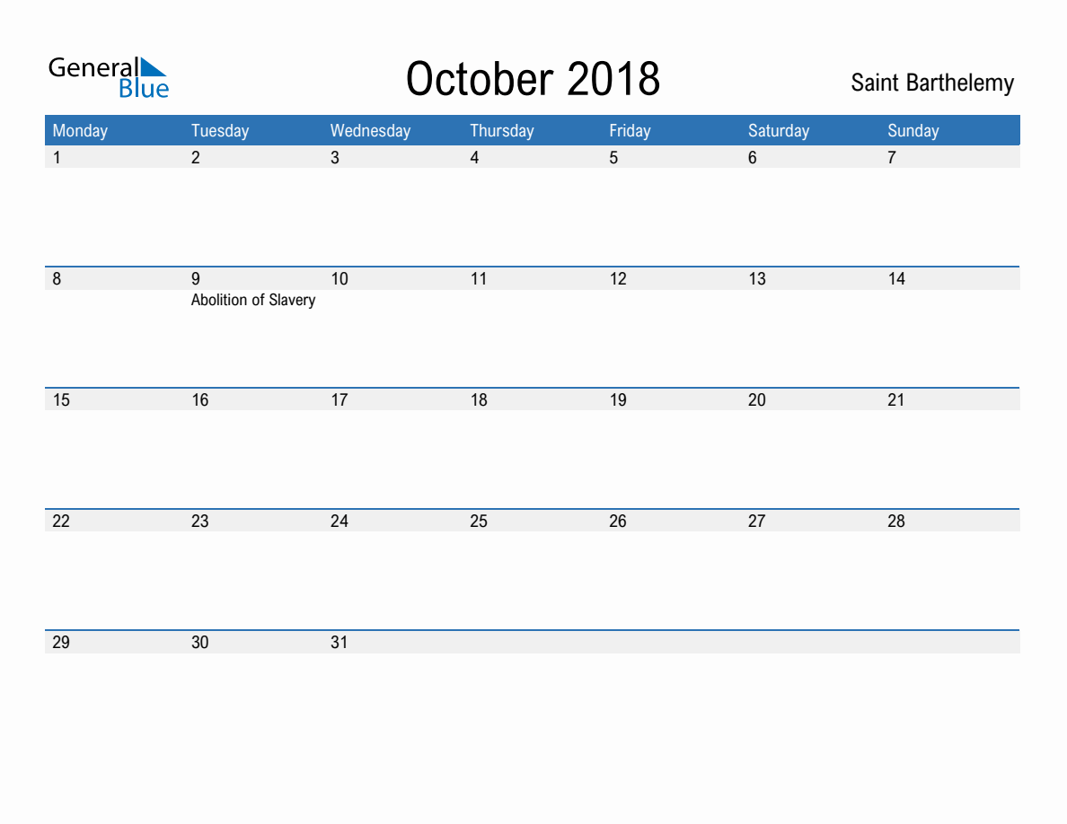 Editable October 2018 Calendar with Saint Barthelemy Holidays