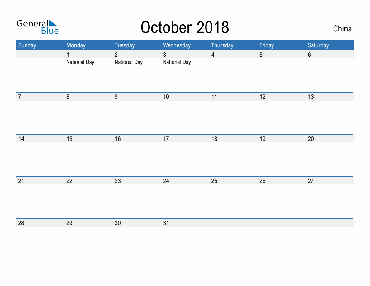 October 2018 Monthly Calendars with China Holidays