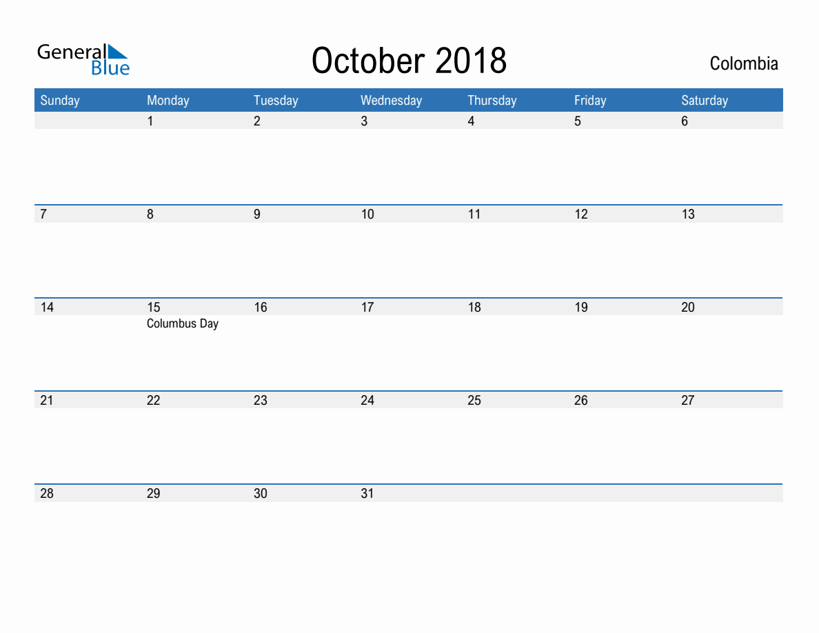 October 2018 Monthly Calendars with Colombia Holidays