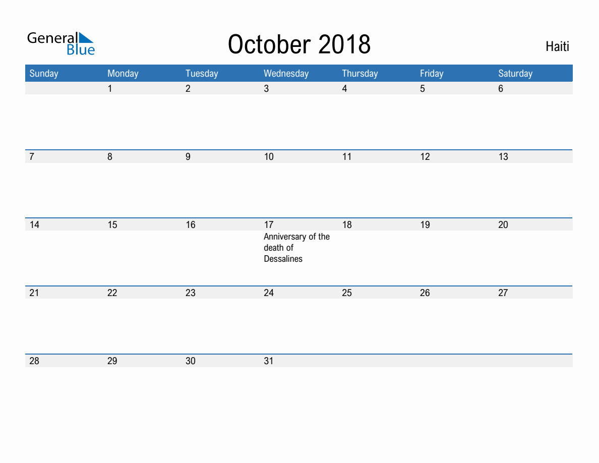 Editable October 2018 Calendar with Haiti Holidays