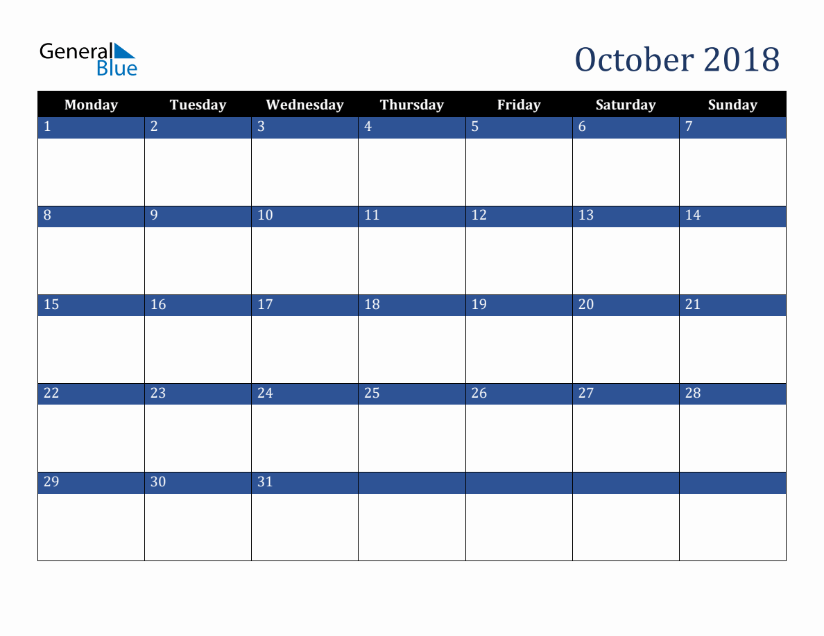 October 2018 Downloadable Calendar - Monday Start