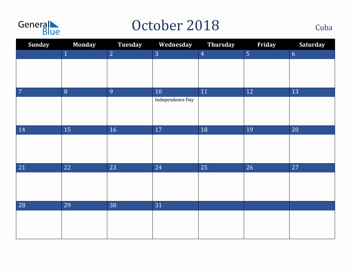 October 2018 Cuba Holiday Calendar