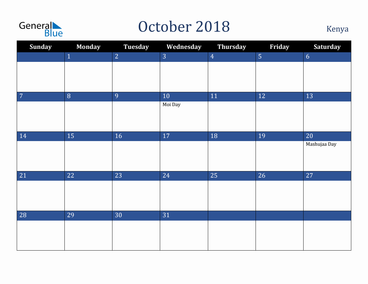 October 2018 Kenya Holiday Calendar